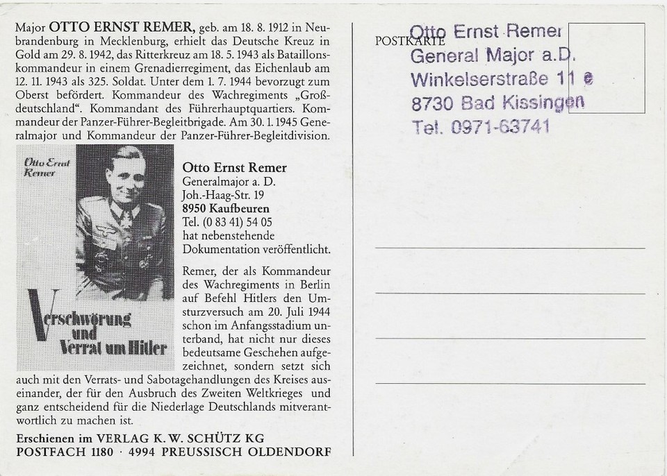 WW2 GENERAL REMER WHO STOPPED JULY 20 1944 FUHRER ASSASSINATION OPS ...