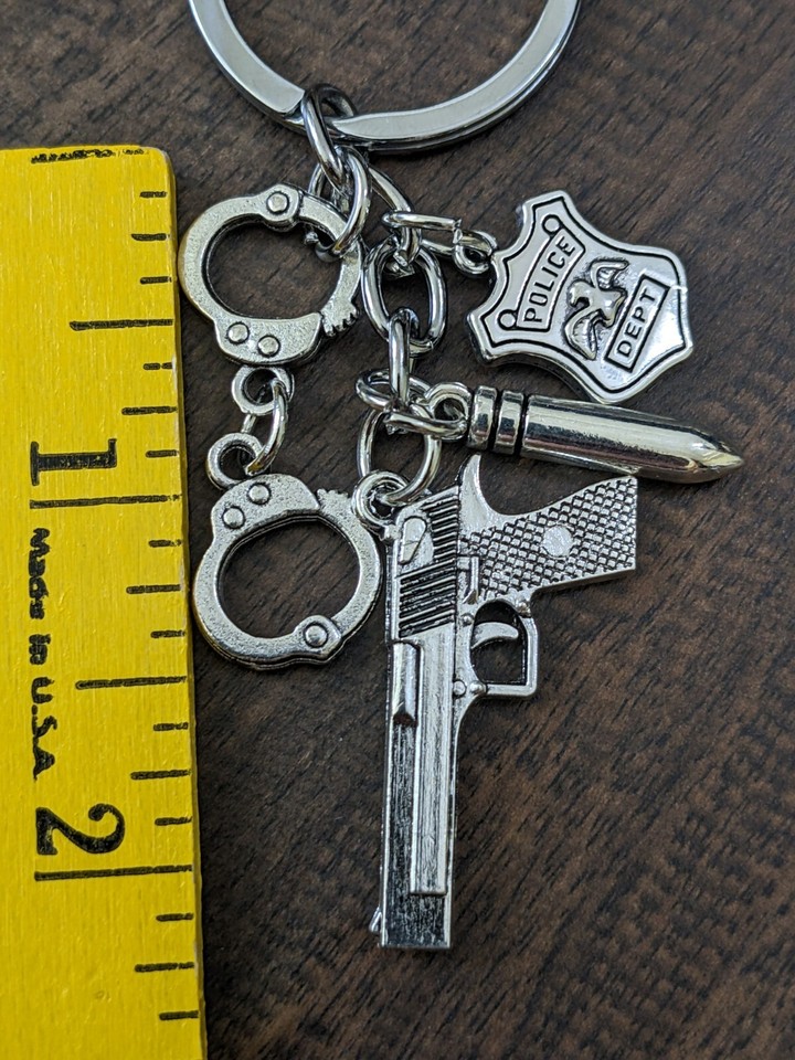 Police officer Keychain key chain ring badge handcuff gun bullet charms ...