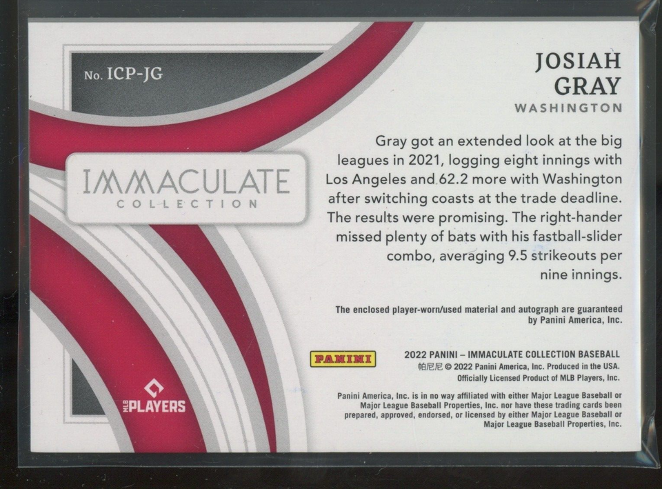 2022 Immaculate #ICP-JG Josiah Gray /47 Hat Patch Relic Auto Nationals ...