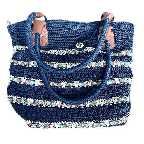 The Sak Navy Striped Aztec Southwestern Shoulder Bag Tote Crocheted ...