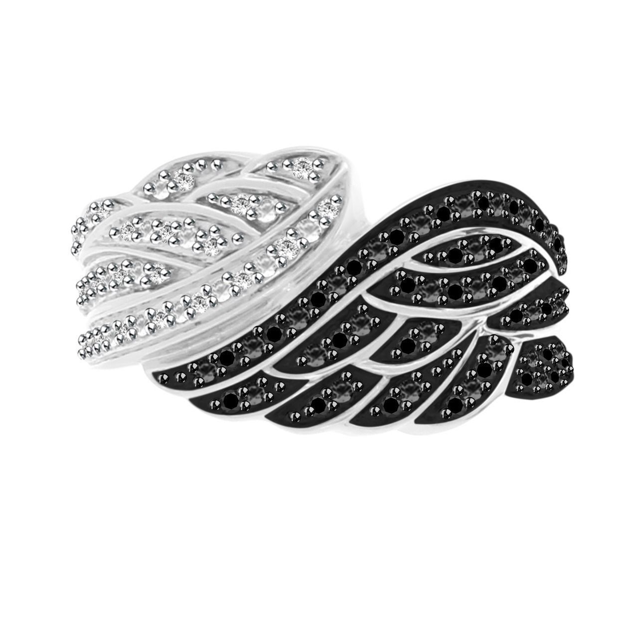 1/7ct Real Black & White Diamond Angel Wing Ring 925 Sterling Silver ...
