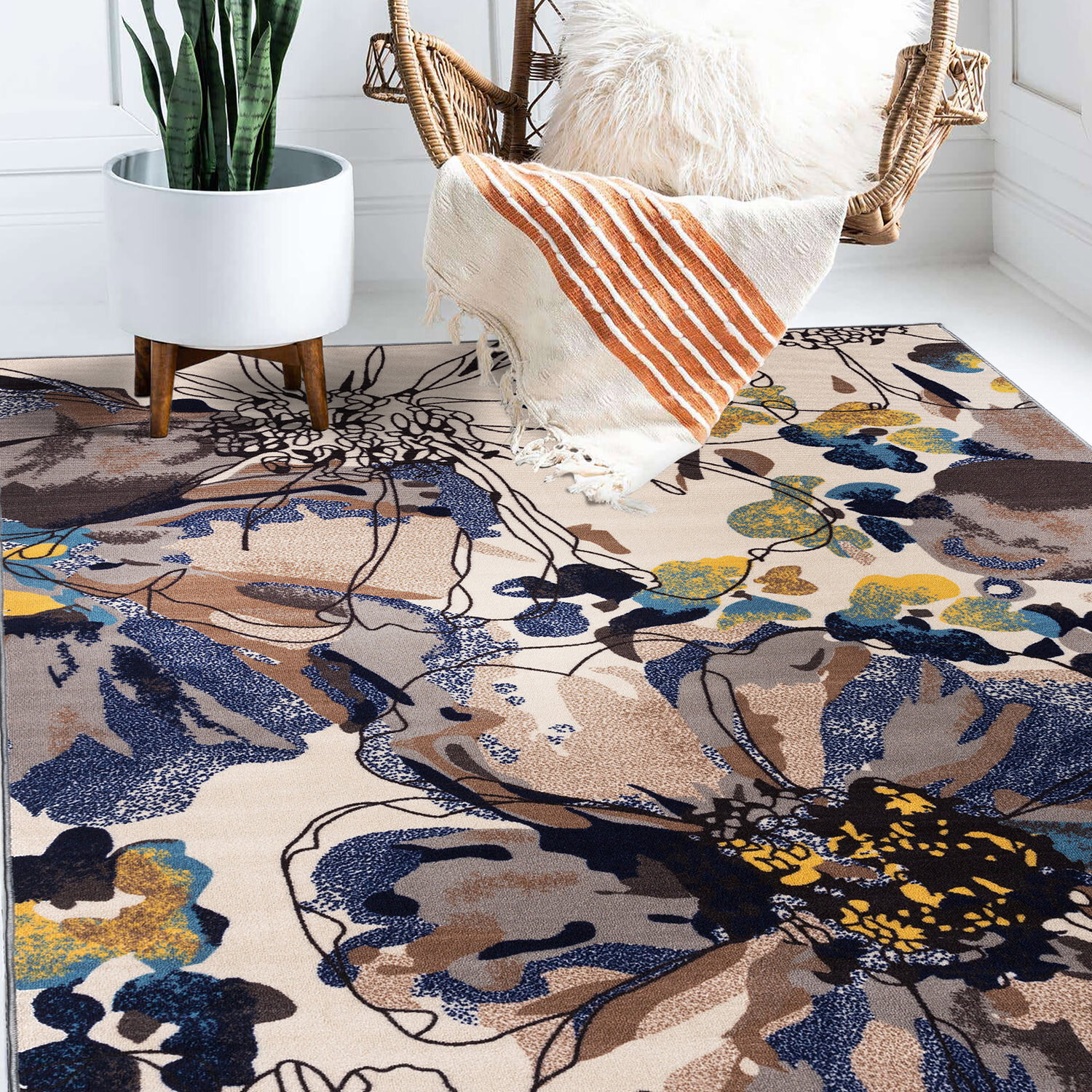 Rugshop Area Rugs Modern Bright Flowers Non-Slip Living Room Rug Dining ...
