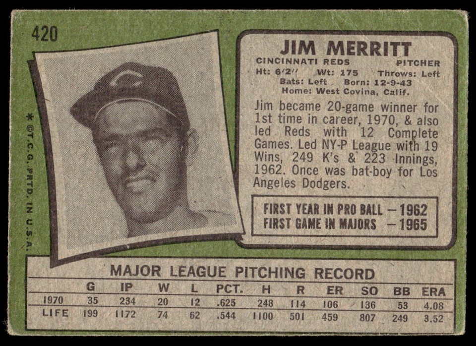 Jim Merritt 1971 Topps 420 Cincinnati Reds Baseball Card | eBay