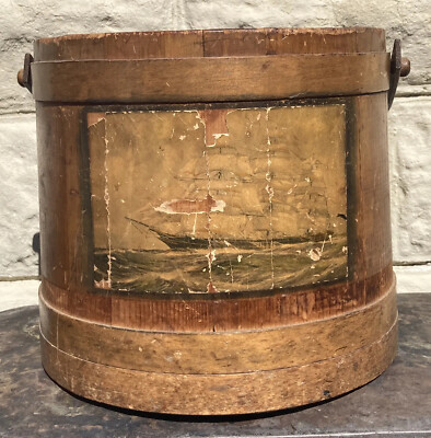 Antique Firkin Bucket Primitive Large Wooden 11.5x13” Ship Taeping ...