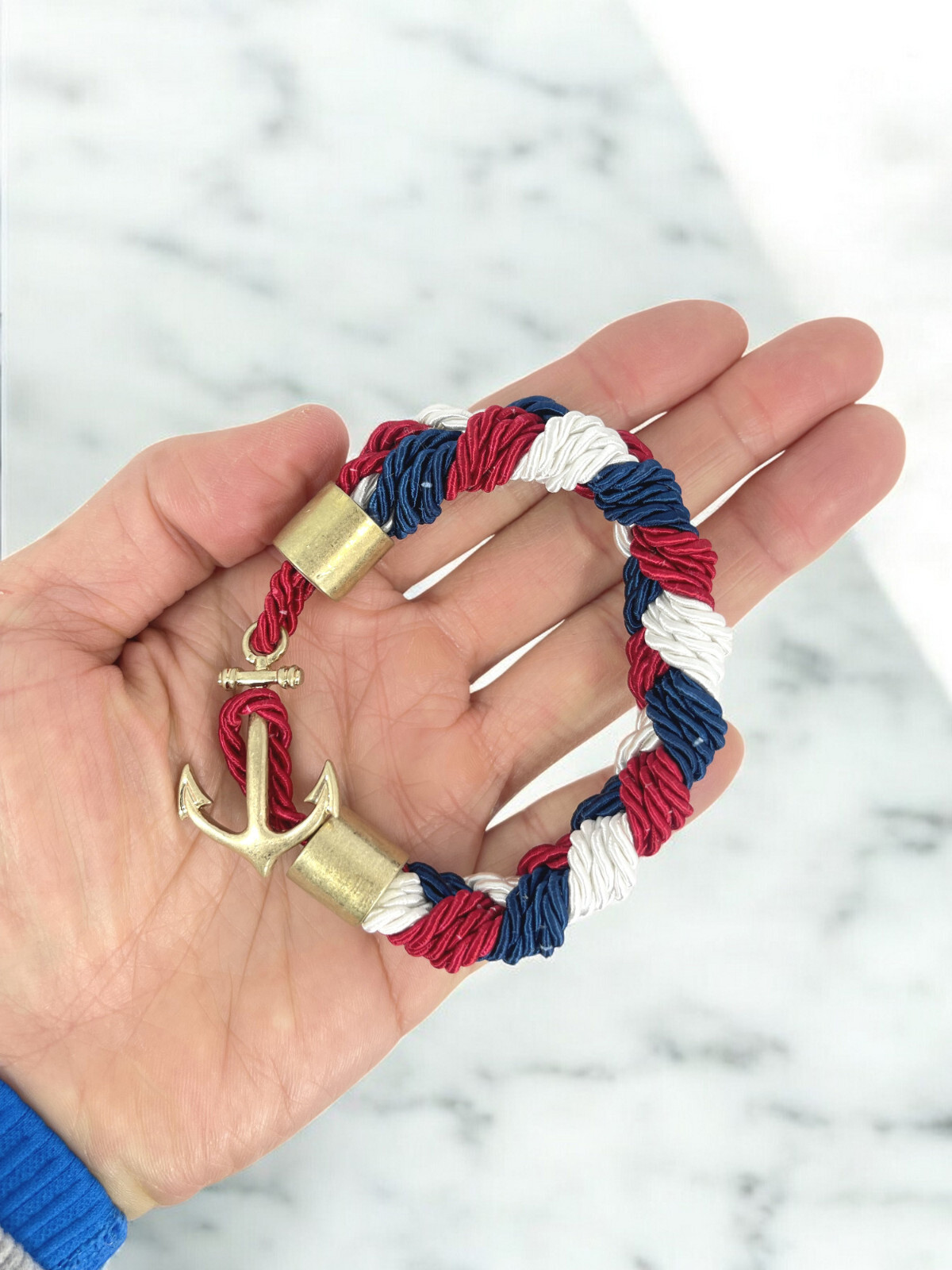 Nautical Anchor Rope Bracelet – Chunky Braided Navy, White & Red Rope ...
