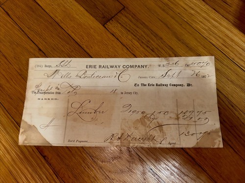 1872 ERIE RAILWAY CO. Transportation Receipt (Jersey City) ERIE ...