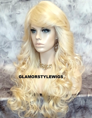 FULL WIG LONG WAVY LAYERED SKIN SIDE PART BLEACH BLONDE HEAT OK #613 ...