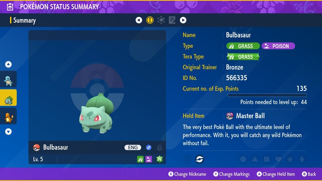 Non-Shiny Bulbasaur 6IV Lv. 5 Modest or Bold Nature Pokemon Scarlet ...