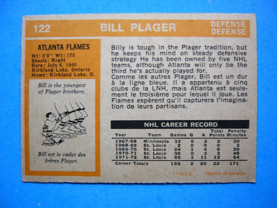 1972/73 O-PEE-CHEE NHL HOCKEY CARD #122 BILL PLAGER EX/NM SHARP!! 72/73 ...