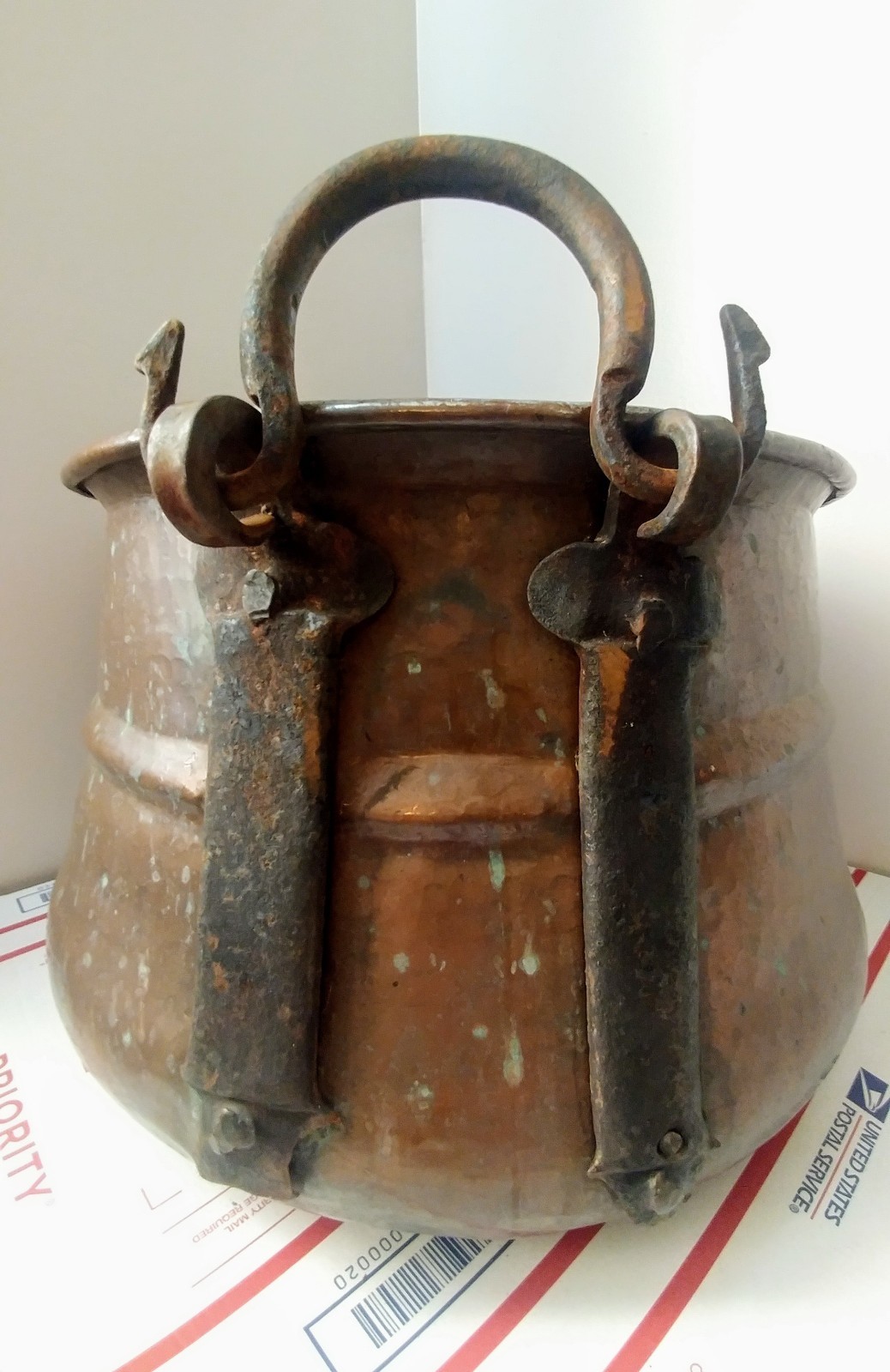 Large Antique Copper Cauldron Pot Kettle w/Hand Forged Iron Handles ...
