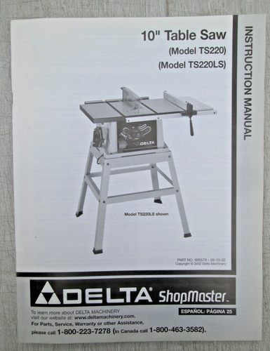 Delta Shopmaster 10" Table Saw Instruction Manual w/Parts List TS220 ...