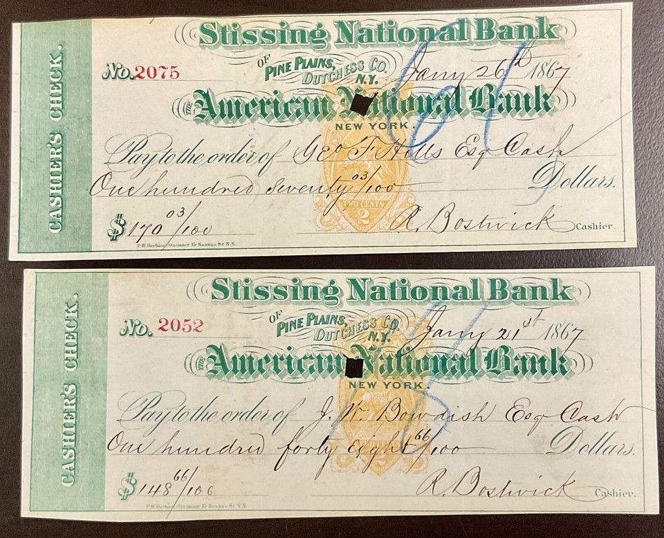 Stissing National Bank, Pine Plains NY Lot of 24 bank checks 1866-1879 ...