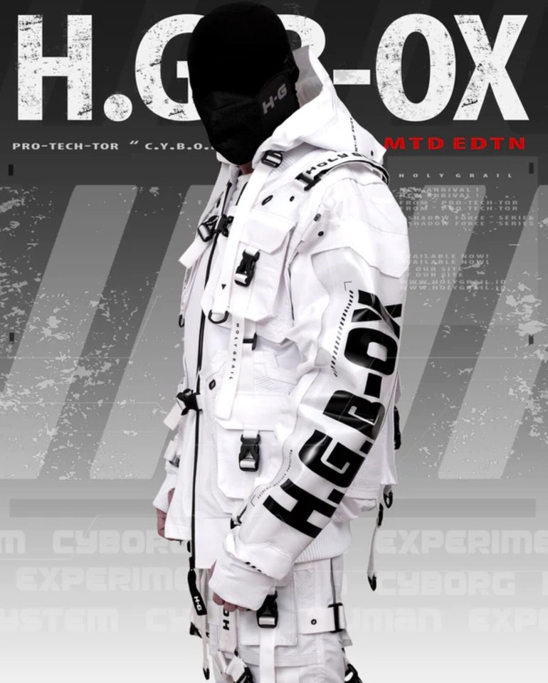 Men's Techwear White Jacket Hoodie Full Zip Buckle Holygrail H.G.B-0X ...