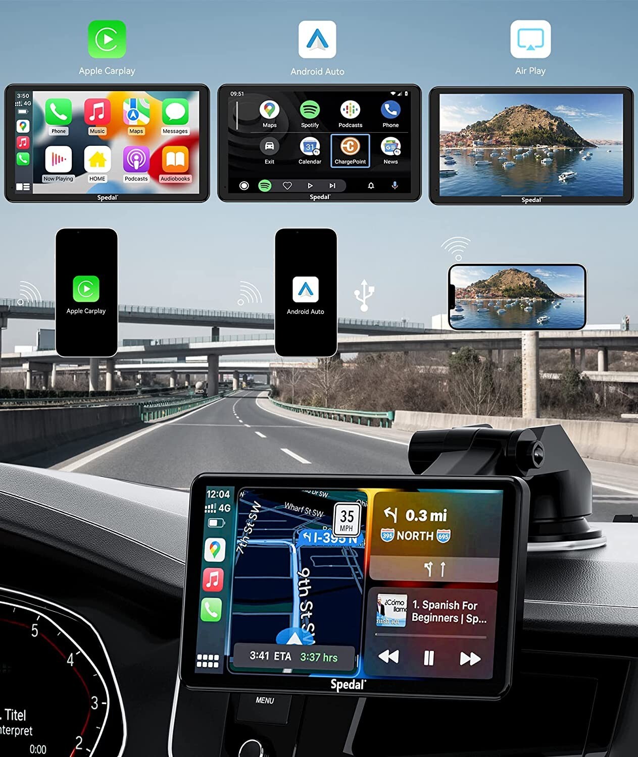Spedal-796W 7" Portable Car Stereo Wireless Apple CarPlay Android Auto ...