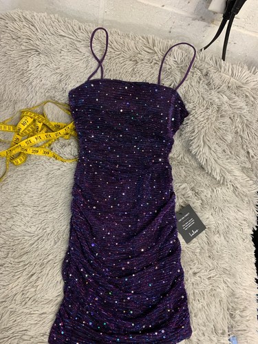 Lulus Flirty Vibes Purple Multi Sparkly Ruched Bodycon Mini Dress NWT ...