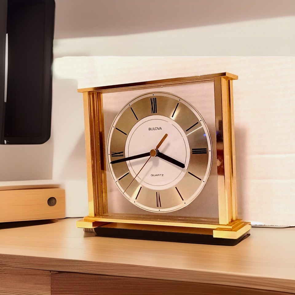 Vintage Bulova Quartz Gold Tone Table Clock Works B1710 | eBay