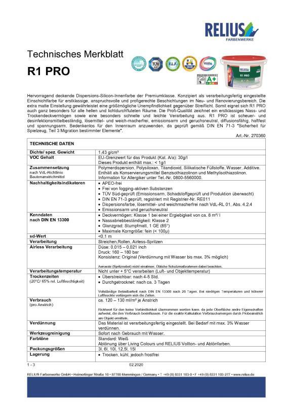 Relius R1 PRO weiß - Premium Dispersions-Siliconharz-Innenfarbe Extra ...