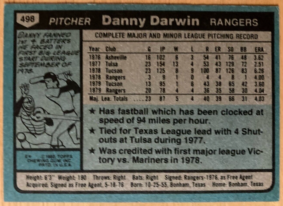 1980 Topps #498 Danny Darwin Texas Rangers | eBay