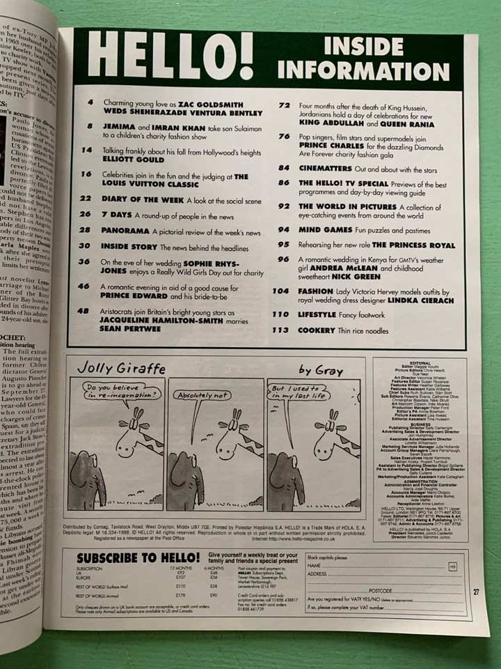 HELLO! 22-June-1999 Zac Goldsmith Sean Pertwee Victoria Hervey Yasmin ...