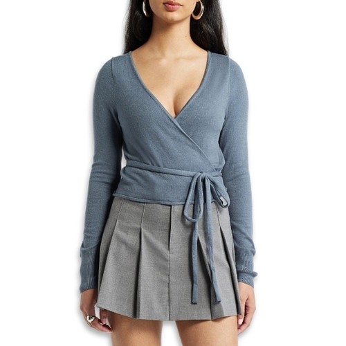 Open Edit Sweater Long Sleeves Wrap Style Self Tie Waist Blue Women's ...