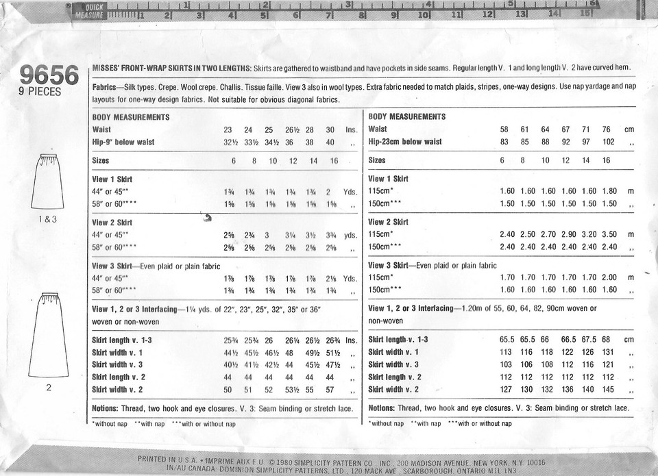 Simplicity 9656 Sewing Pattern Misses Front Wrap Skirts In 2 Lengths ...