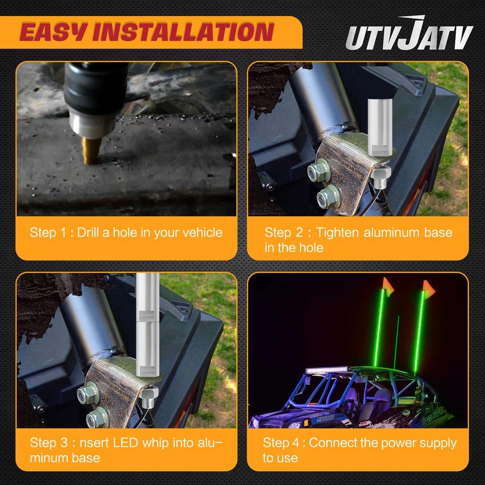 Pair 4FT Green LED Whip Lights Antenna Flag Pole Quick Release Base for ...