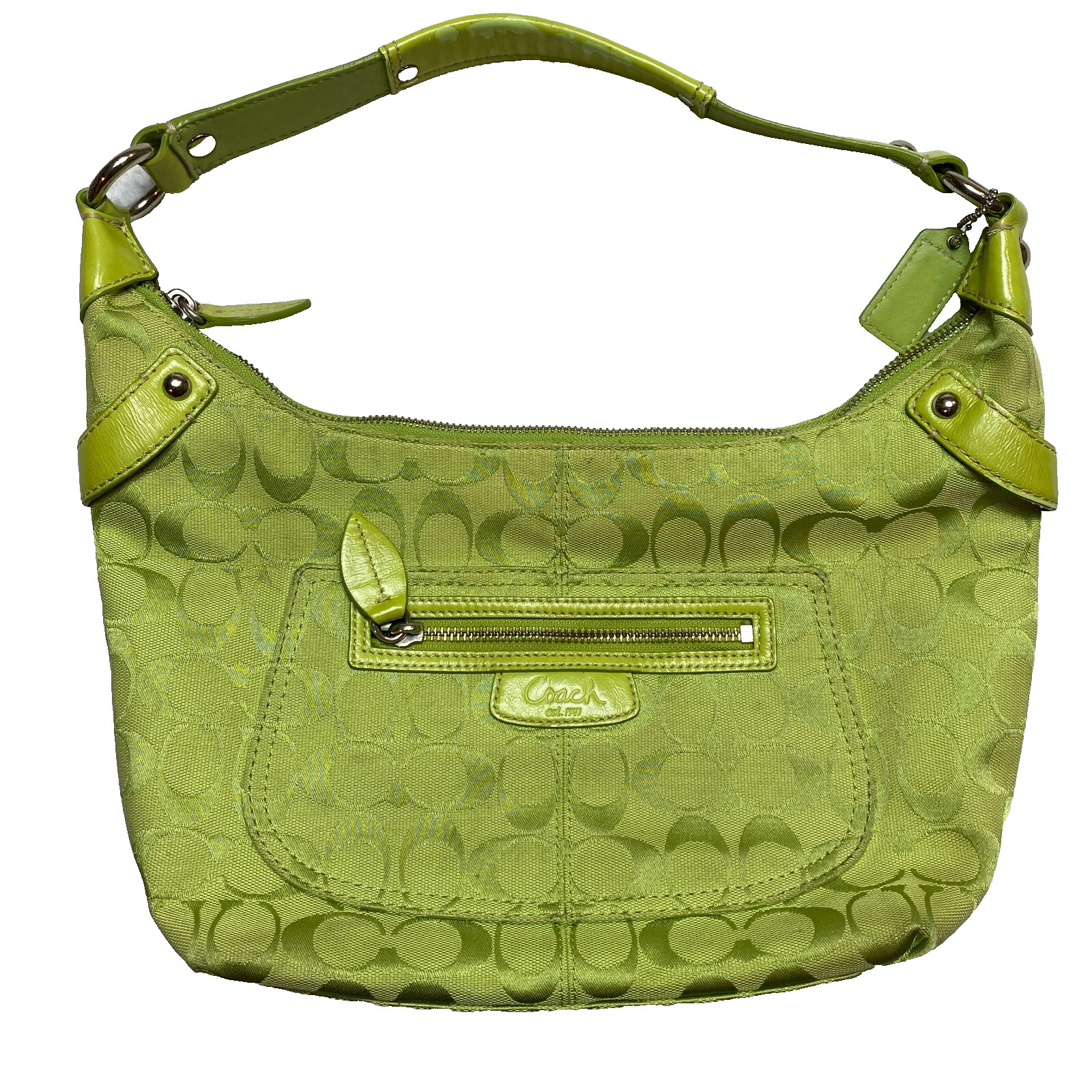 Coach Lime Green Signature Jacquard Fabric Satchel Ha… - Gem