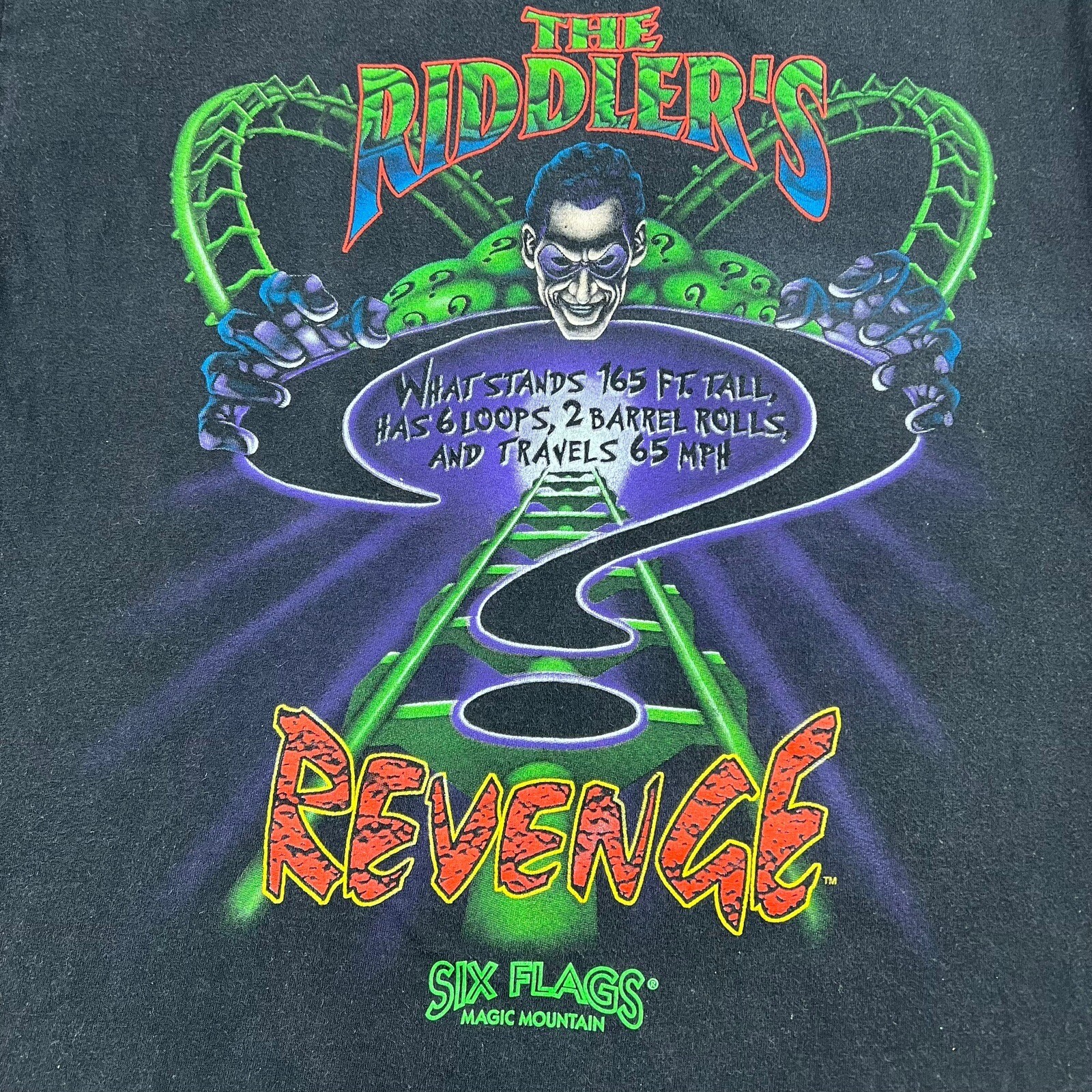 Vintage 1998 Riddler’s Revenge Black T Shirt Size L B… - Gem