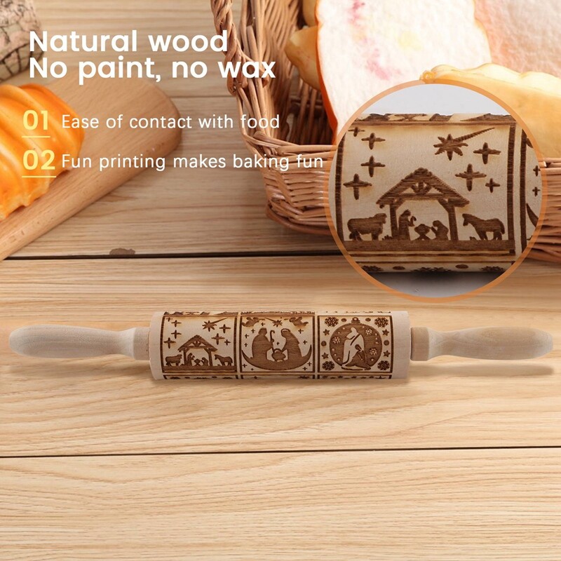 Nativity Pattern Christmas Wooden Embossing Rolling Pin with 9 ...