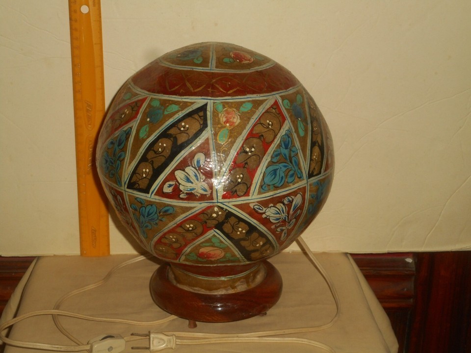 Hand Painted Camel Bladder Globe Lamp Wood Base 1960's Made in Pakistan ...