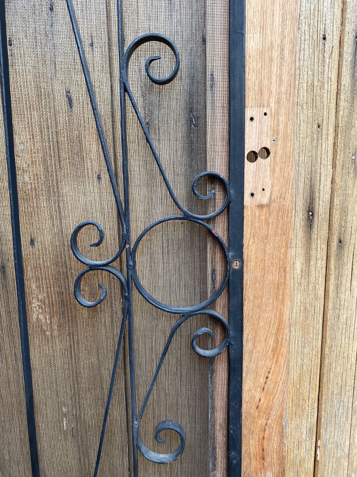 Old Original BLACK WROUGHT IRON HARDWOOD TIMBER SCREEN DOOR flywire fly ...