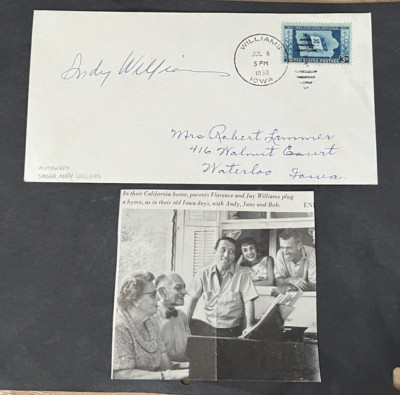 1959 WILLIAMS IOWA STAMP ENVELOPE SIGNED MUSIC SINGER ANDY WILLIAMS ...
