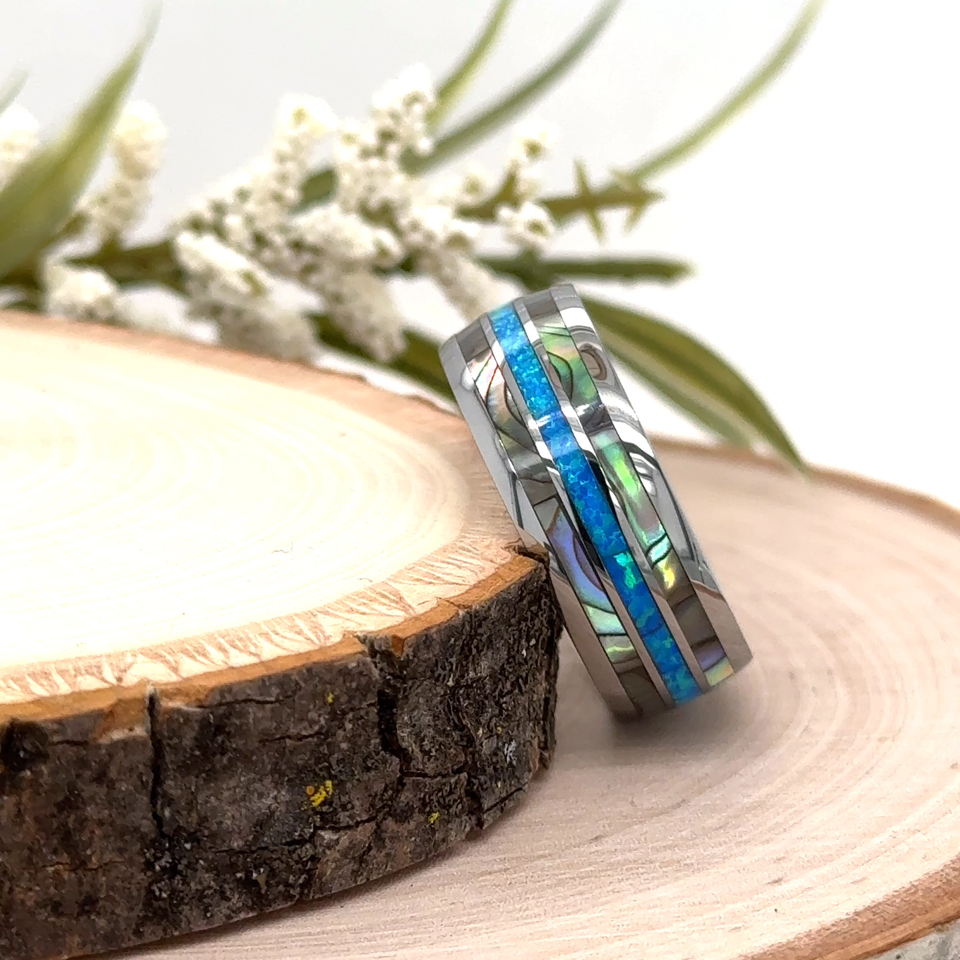 8mm Polished Silver Tungsten Ring Blue Opal Inlay & Abalone Shell ...