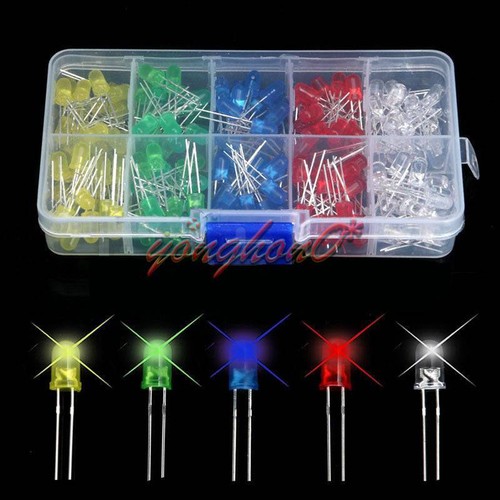 500pcs 3mm LED round top Light White Yellow Red Green Blue Assorted box ...