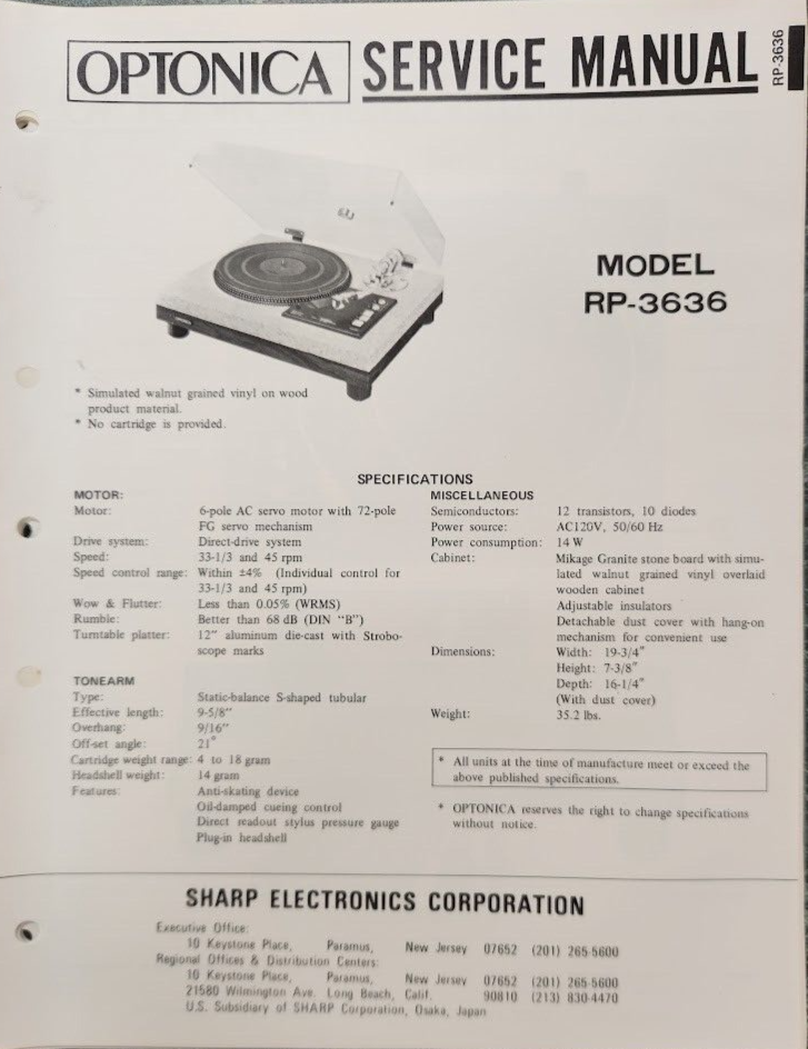 Optonica - Sharp - Model RP-3636 Stereo Turntable Service Manual | eBay