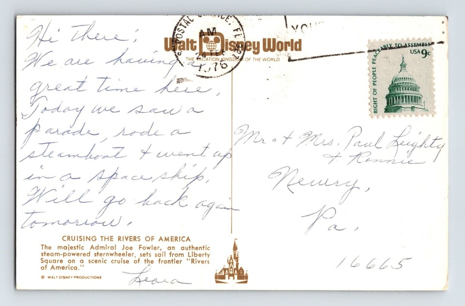 Postcard Florida Orlando FL Walt Disney World Steam Boat Joe Fowler ...