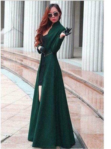 Womens Wool Blend Floor Length Winter Slim Split Stand Collar Dress ...