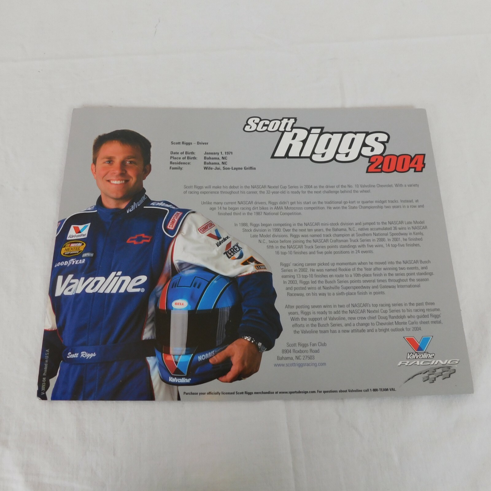 Scott Riggs Nascar 8.5x11 Photo Hero Card Valvoline Auto Car Racing ...