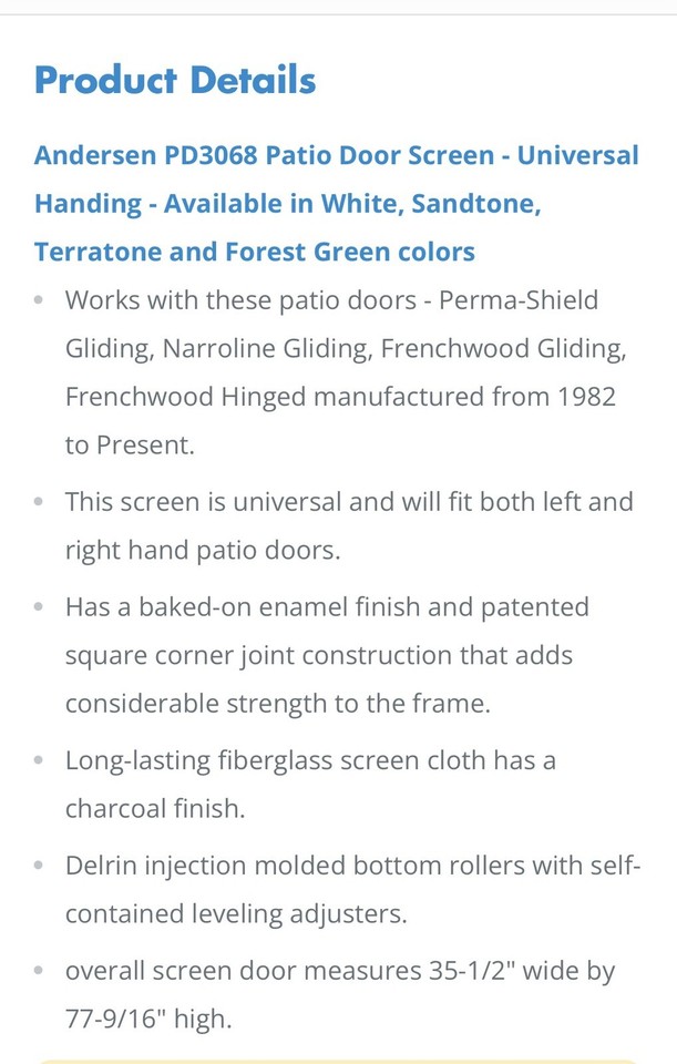 Andersen Universal Aluminum Gliding Patio Screen Door, Terratone PD3068 ...