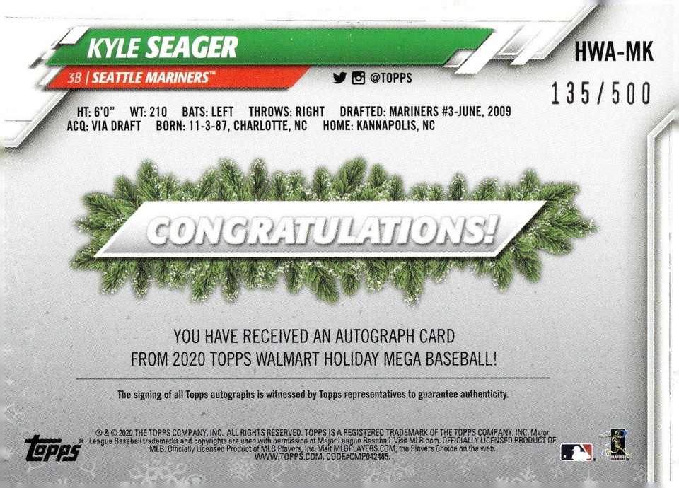 2020 Topps Holiday Baseball #HWA-MK Kyle Seager 3B Seattle Mariners ...