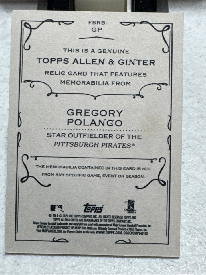 2020 Topps - Allen & Ginter - #FSRB-GP Gregory Polanco - Patch - 🔥 FS ...