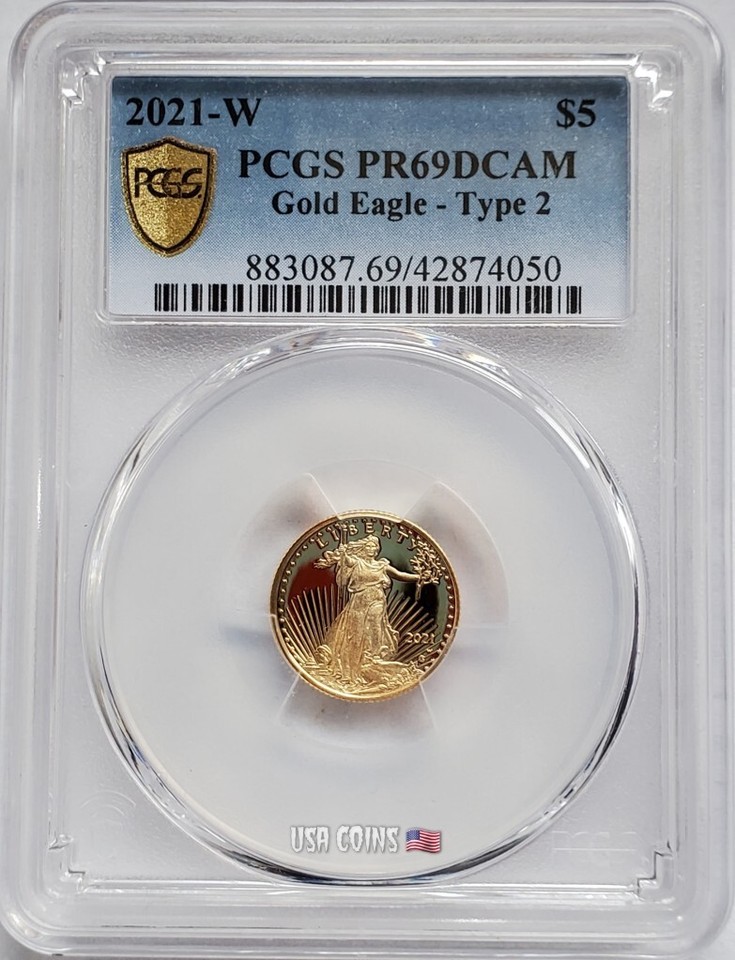 2021-W 1/10 Oz GOLD $5 AMERICAN EAGLE Type 2 PCGS PR69DCAM Gold Shield ...