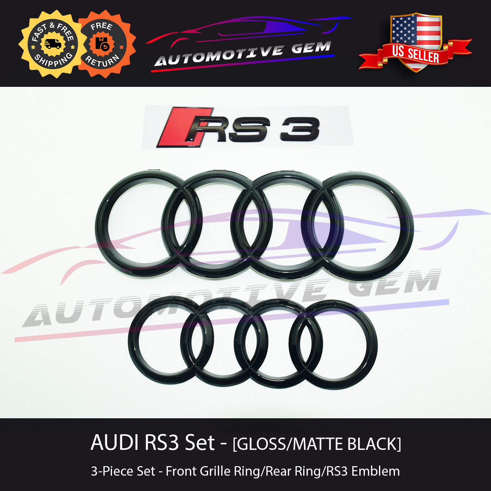 AUDI RS3 Emblem BLACK Front Grille Rear Trunk Ring Badge Lid Logo Sedan ...