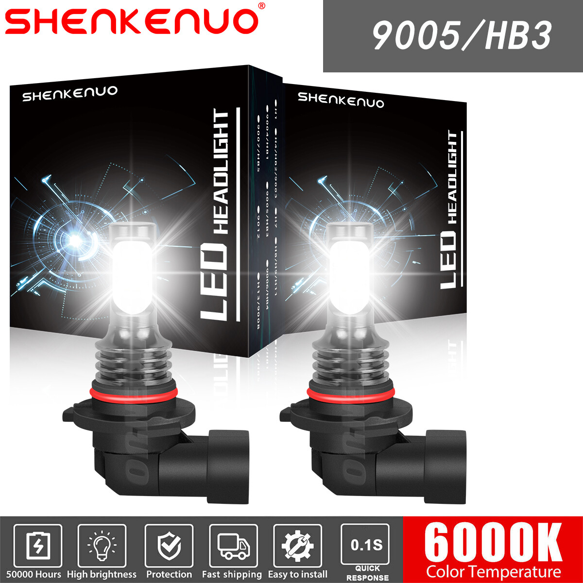 SHENKENUO 9005 HB3 LED Combo Bulbs Headlights High Beam Super Bright ...