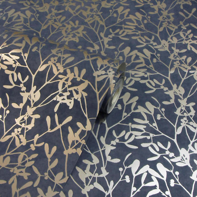 Navy Gold Leaf Wallpaper Metallic Shimmer Textured Floral Feature Wall ...