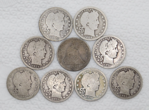 Lot of 9 Barber & Seated Liberty Quarters - 1891-1916 -90% Silver US ...