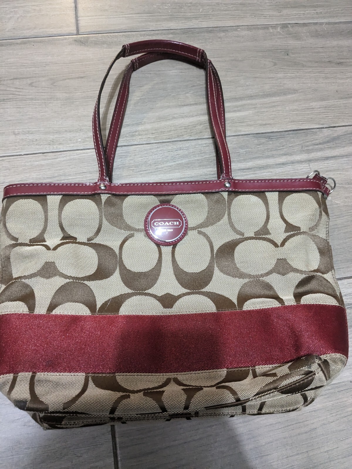 Coach Signature Red Leather Handles Trim Tote Purse - Gem