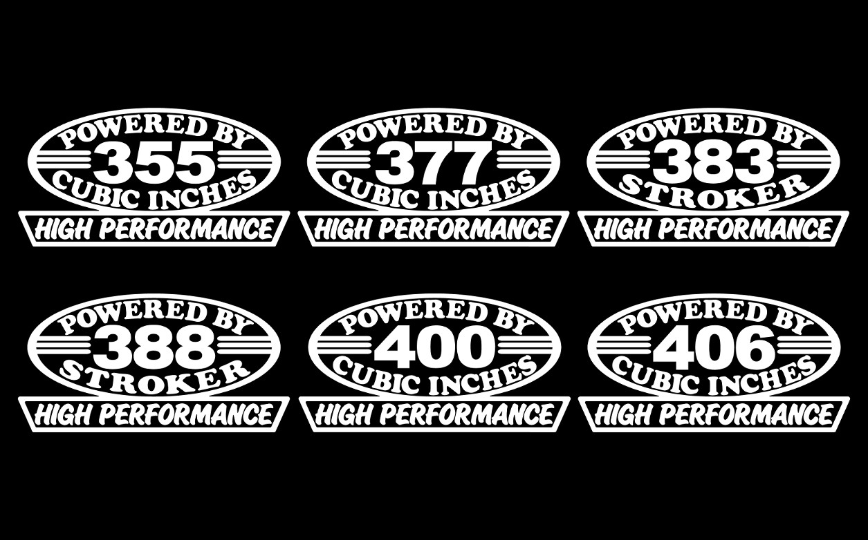2 HIGH PERFORMANCE V8 ENGINE DECAL HP SBC 355-377-383-388-400-406 BORED ...