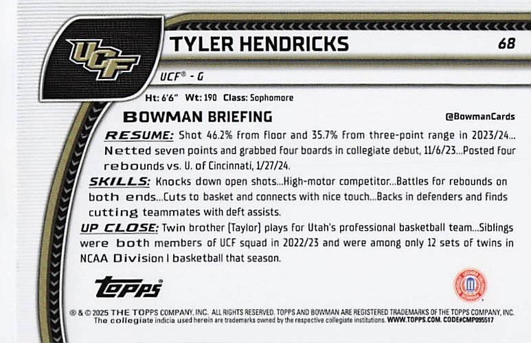 2024-25 Bowman Chrome Sapphire Basketball - Tyler Hendricks #68 | eBay