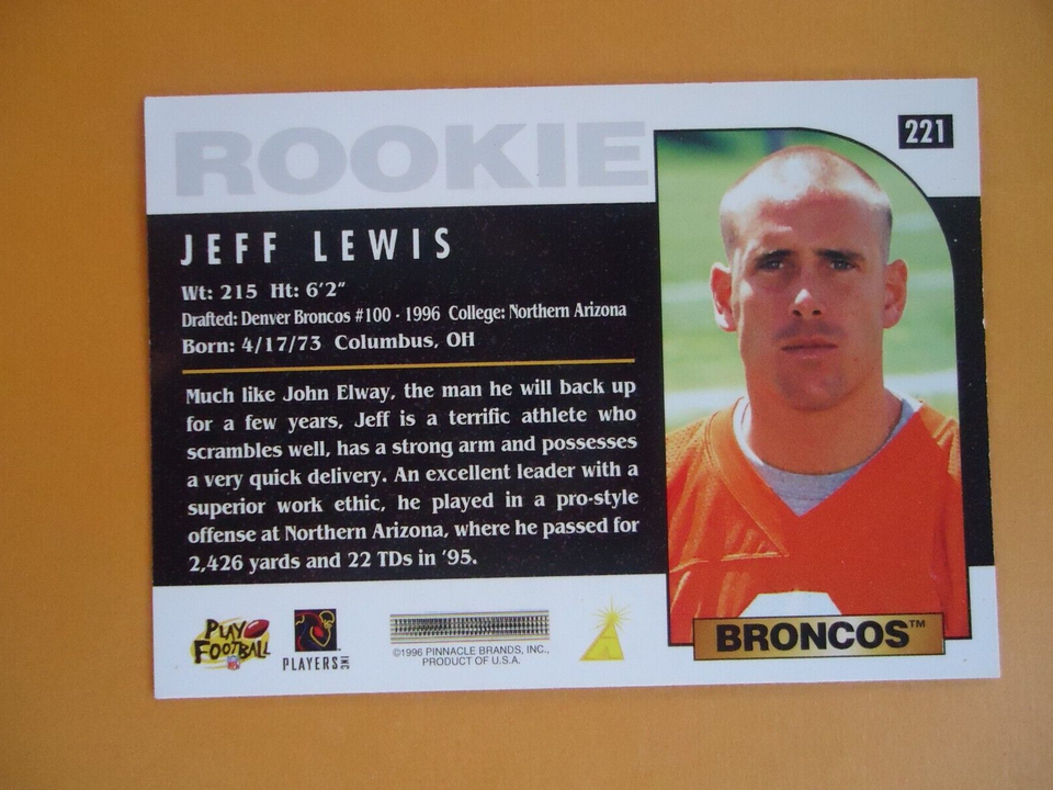 Jeff Lewis - 1996 Score RC Autographed Football card #221 - Denver ...